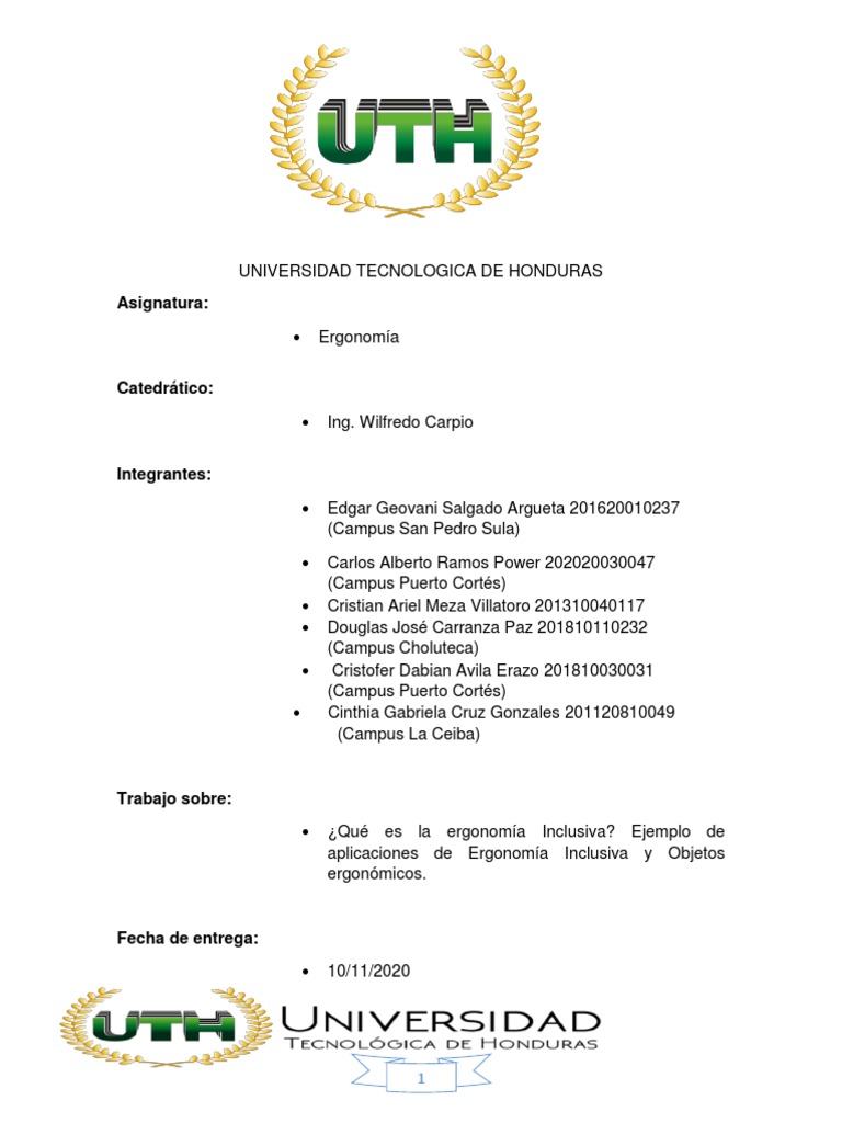 TAREA GRUPAL ERGONOMIA Grupo 2 UTH | PDF | Factores humanos y ergonomía | Invalidez