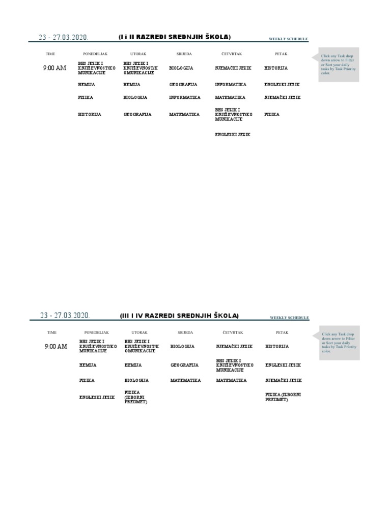 Raspored Casova Srednje Skole 1 | PDF