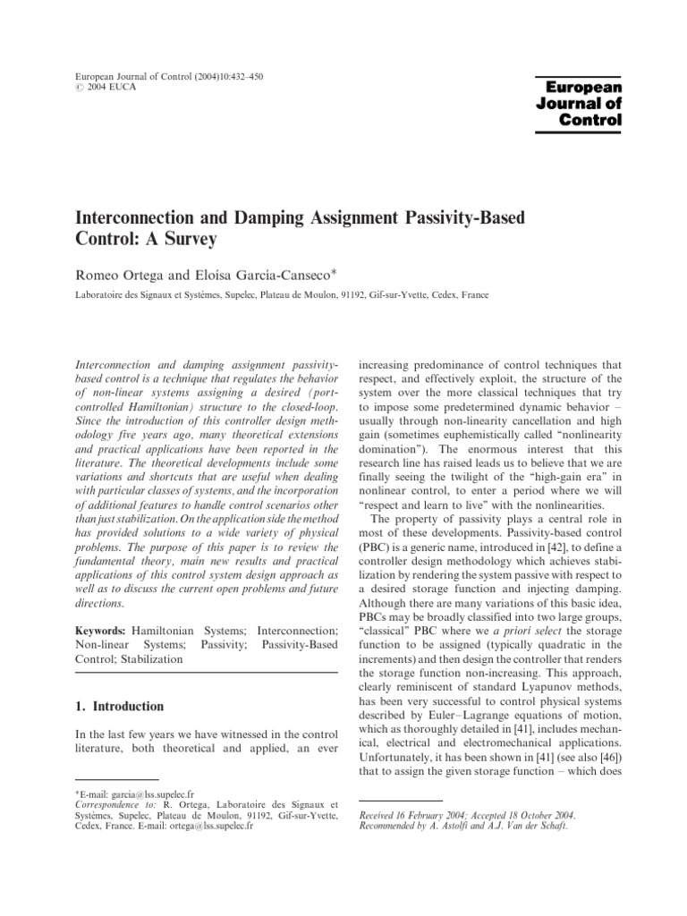 Interconnection and Damping Assignment Passivity-Based Control: A Survey | PDF | Partial ...