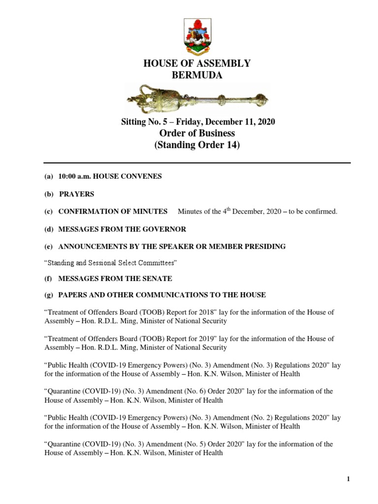 Bermuda House of Assembly Agenda 2020 | PDF | The Honourable ...