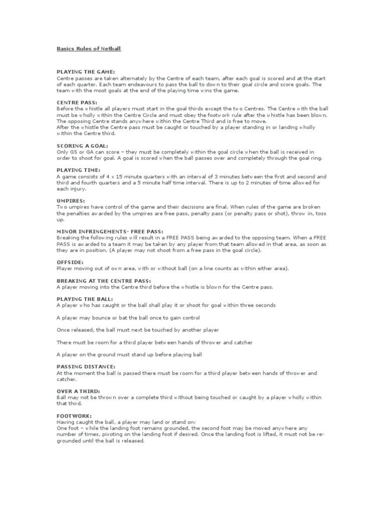 Basics Rules of Netball | PDF | Sports Rules And Regulations | Teams