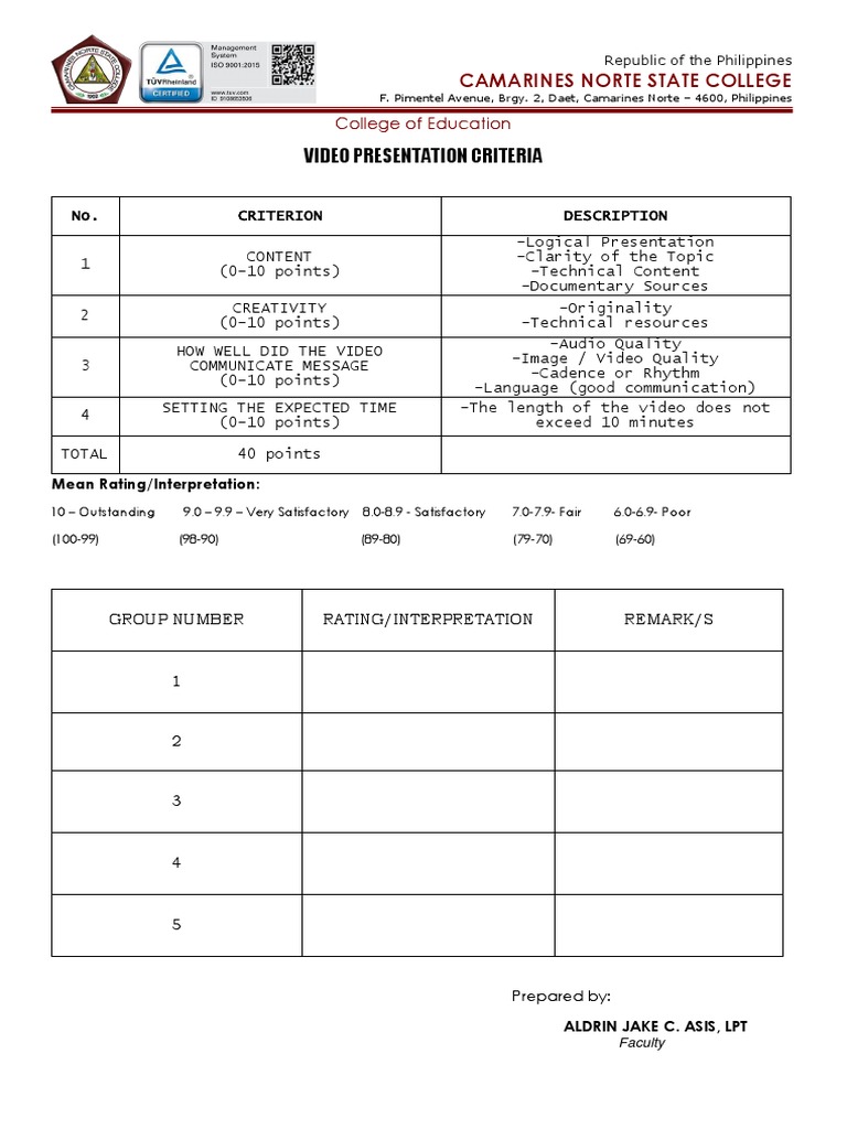 Video Presentation Evaluation Guide | PDF | Communication