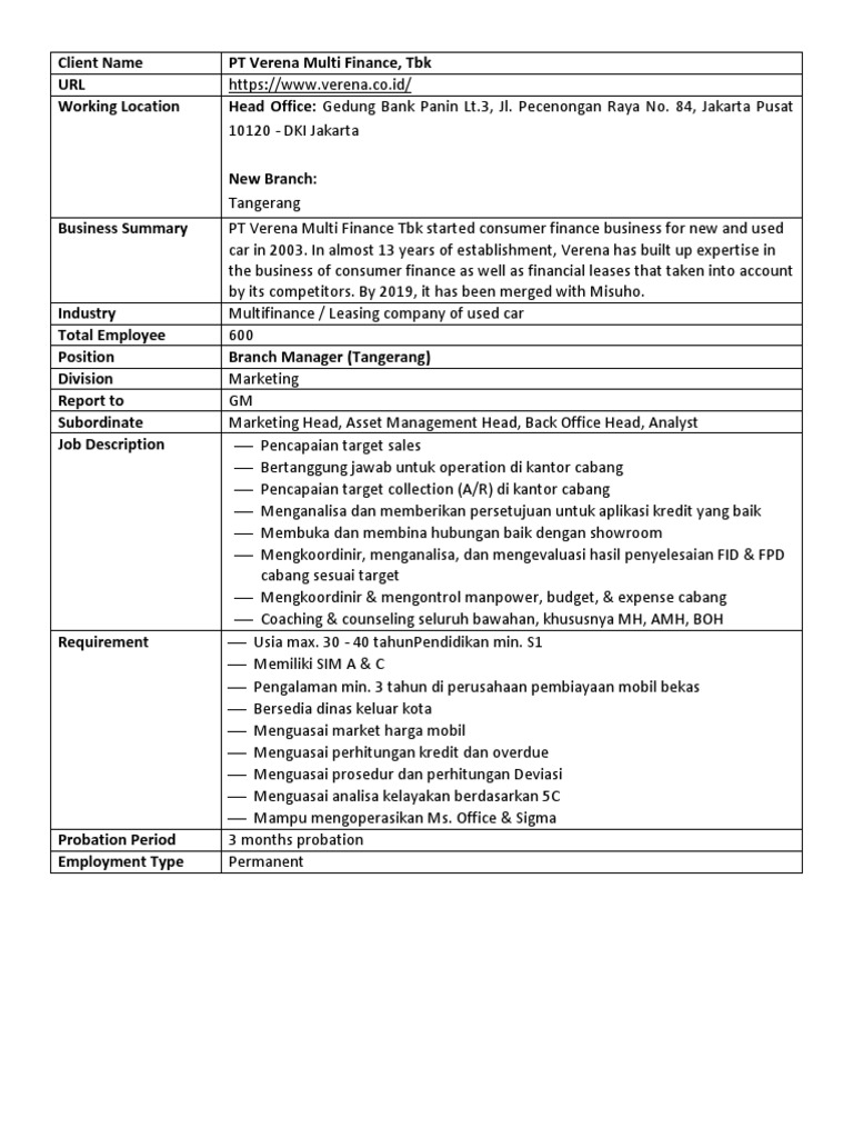 Branch Manager - Job Description | PDF