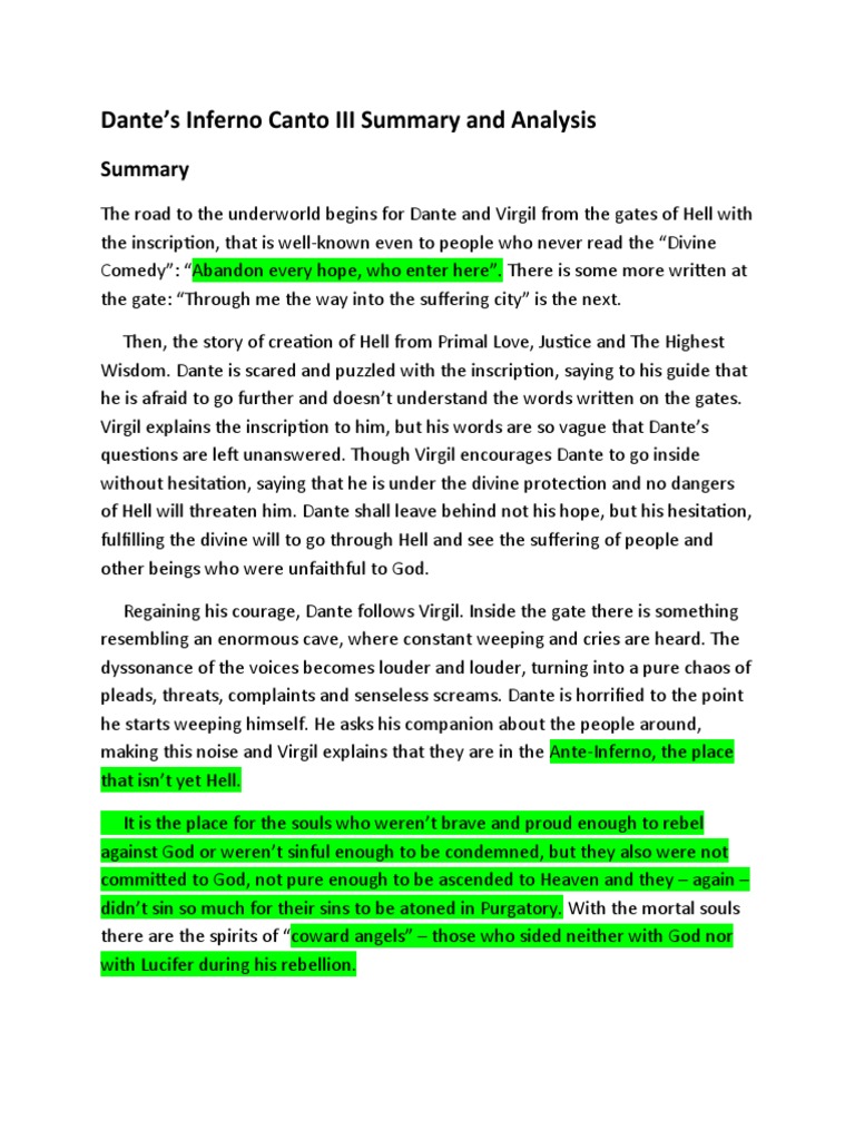 Dante's Inferno Canto III Summary and Analysis | PDF | Hell | Dante ...