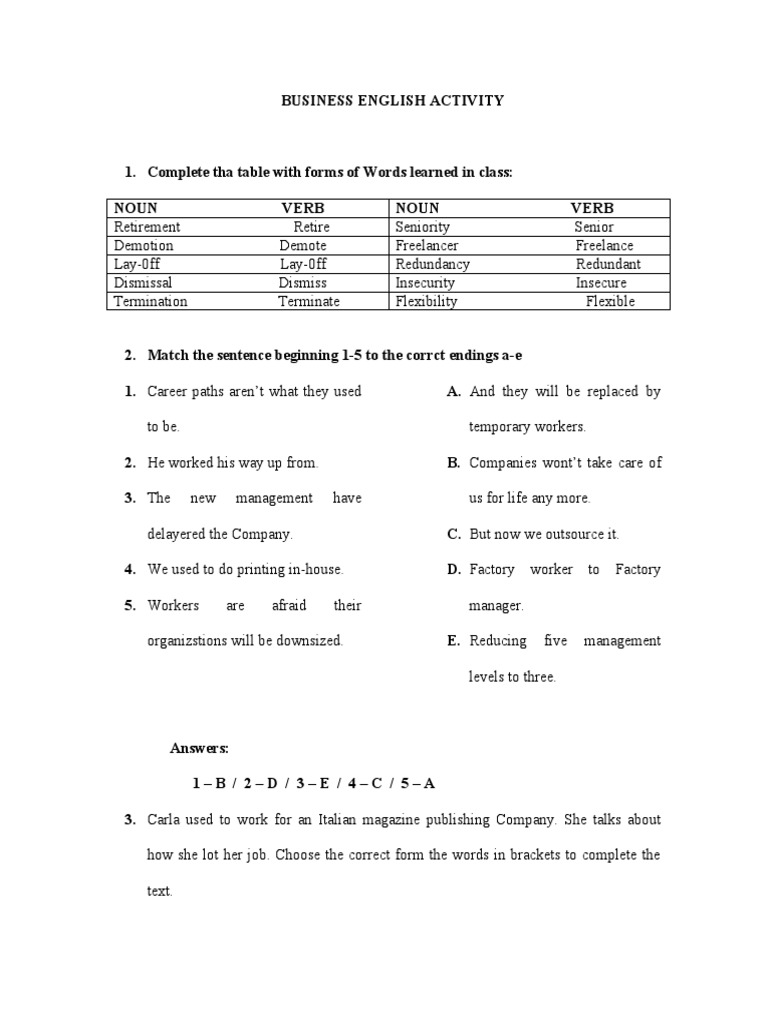 Business English Activity | PDF | Freelancer | Layoff