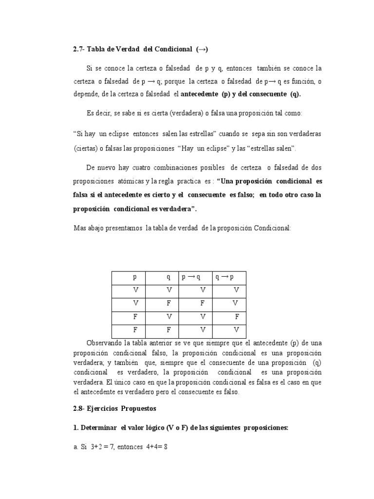 Tabla de Verdad Del Condicional | PDF | Si y solo si | Proposición