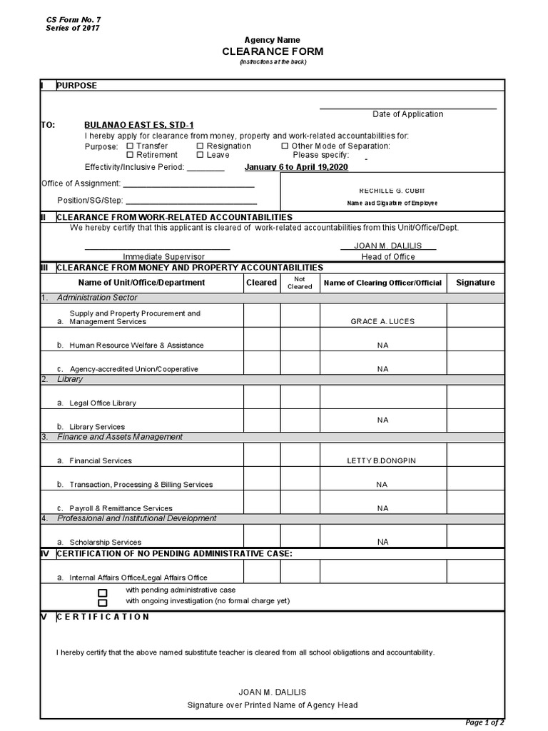 Application for Clearance from Money, Property and Work-Related ...