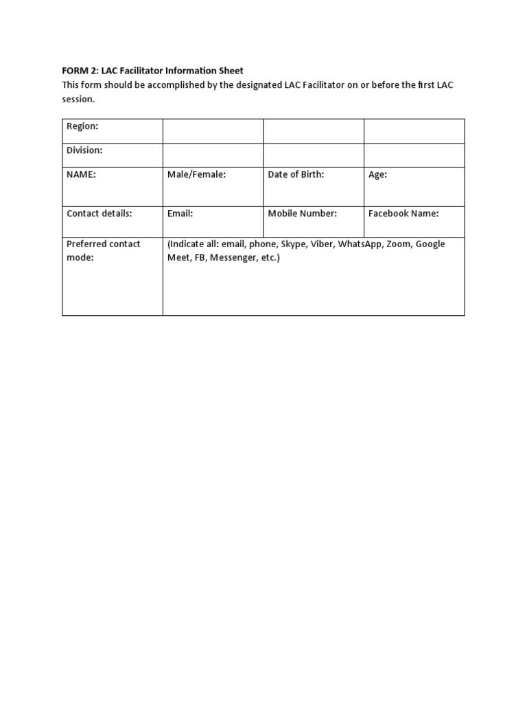 FORM 2: LAC Facilitator Information Sheet | PDF | Games & Activities ...