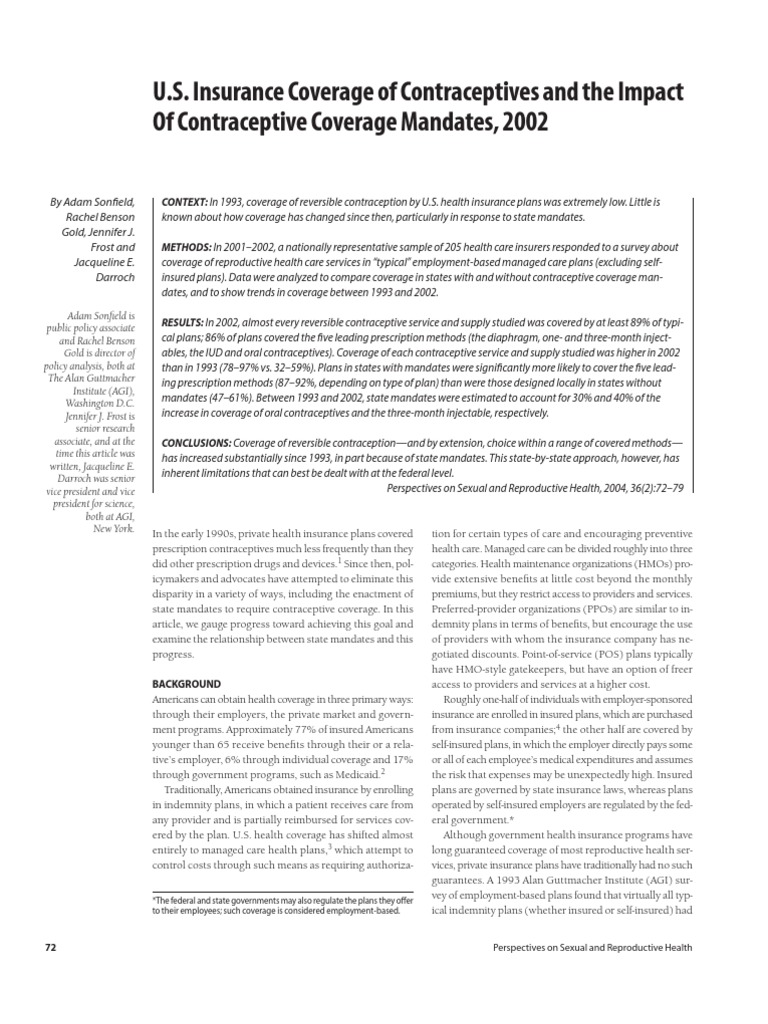 U.S. Insurance Coverage of Contraceptives and The Impact of ...