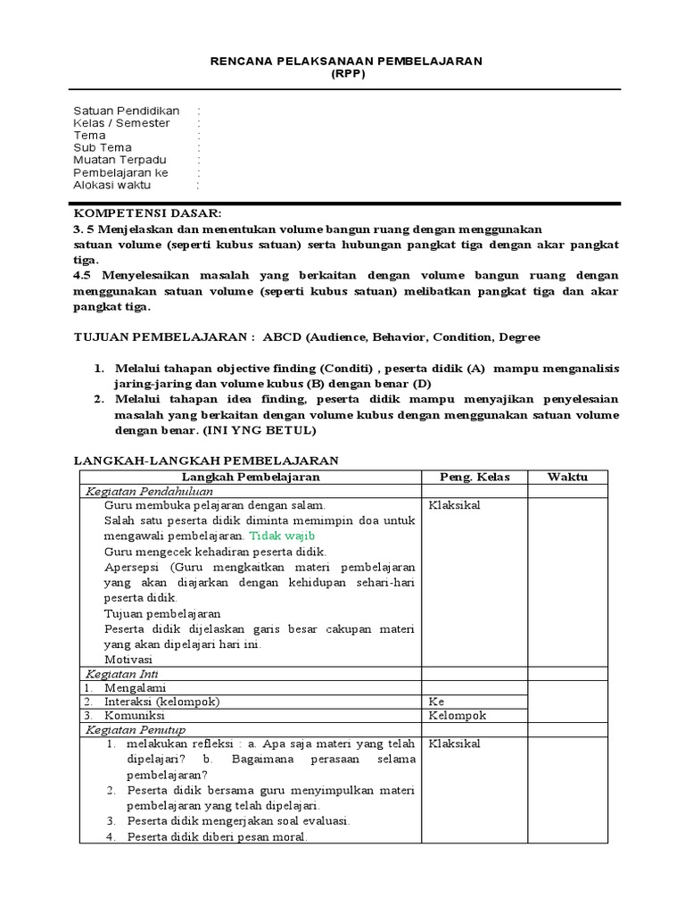Format RPP 1 Lembar | PDF | Karier & Perkembangan