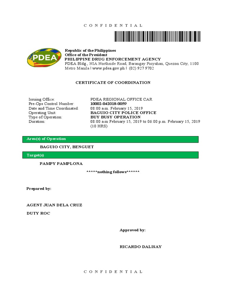 PDEA Coordination Certificate for Operation | PDF