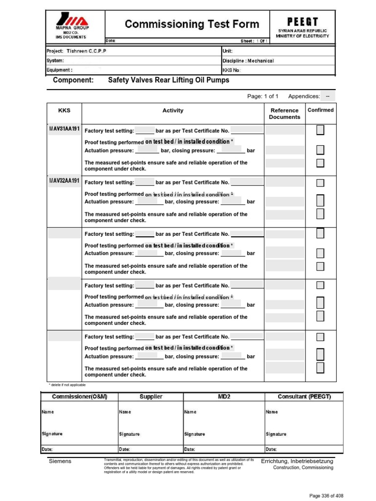 Commissioning Check List M: Safety Valves | PDF