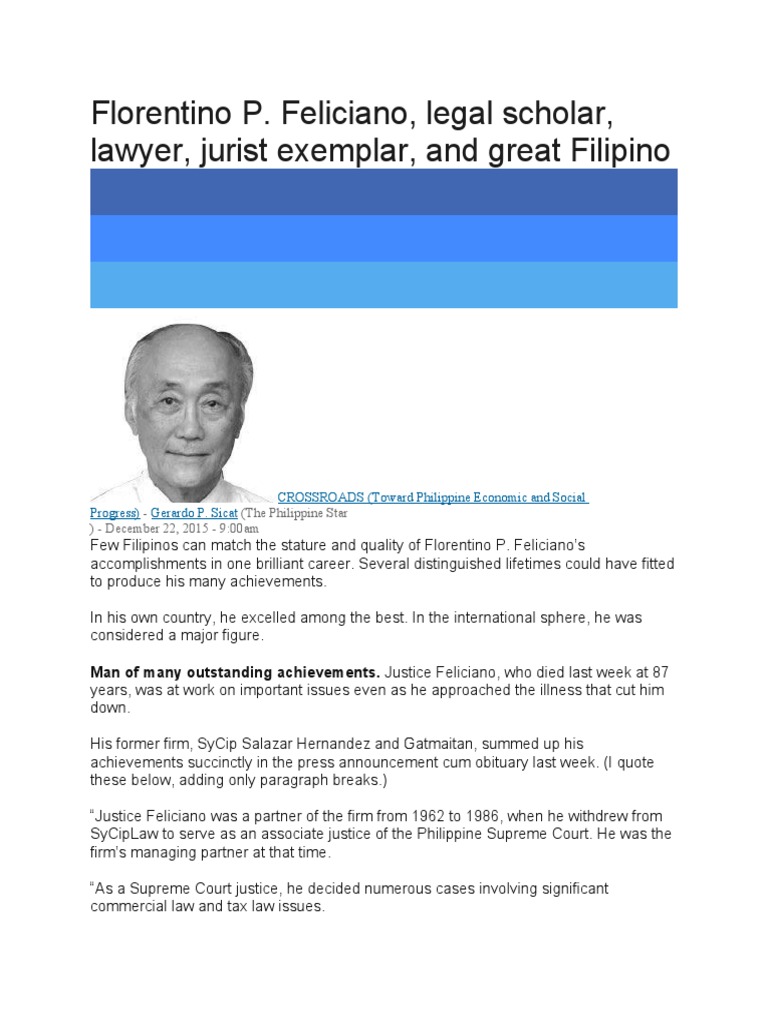 Florentino P. Feliciano, Legal Scholar, Lawyer, Jurist Exemplar, and ...