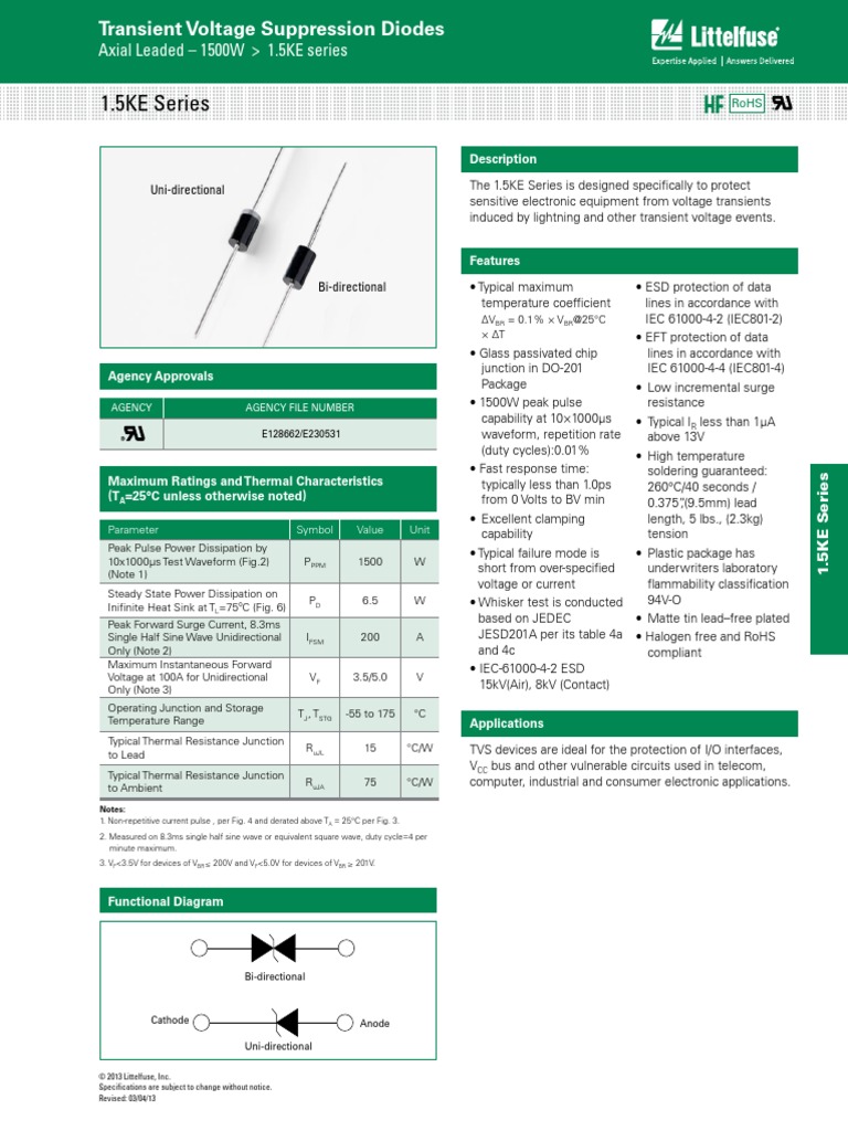 Axial Leaded - 1500W 1.5KE Series | PDF | Diode | Electromagnetism