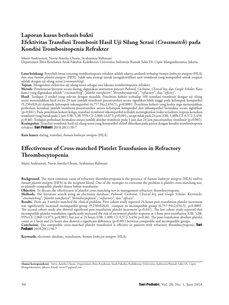 Efektivitas Transfusi Trombosit Crossmatch | PDF