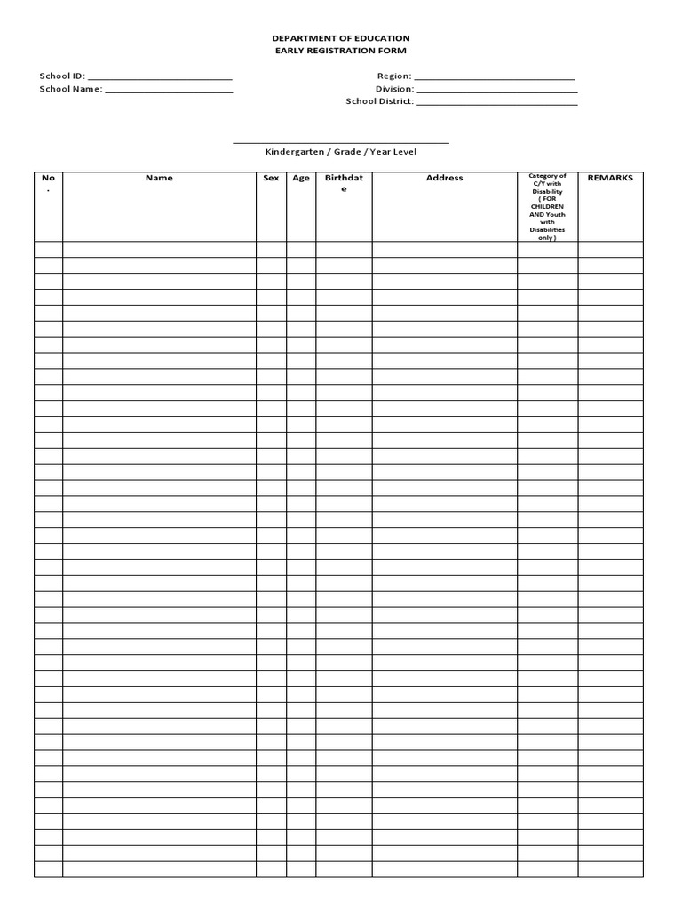 Department of Education Early Registration Form | PDF