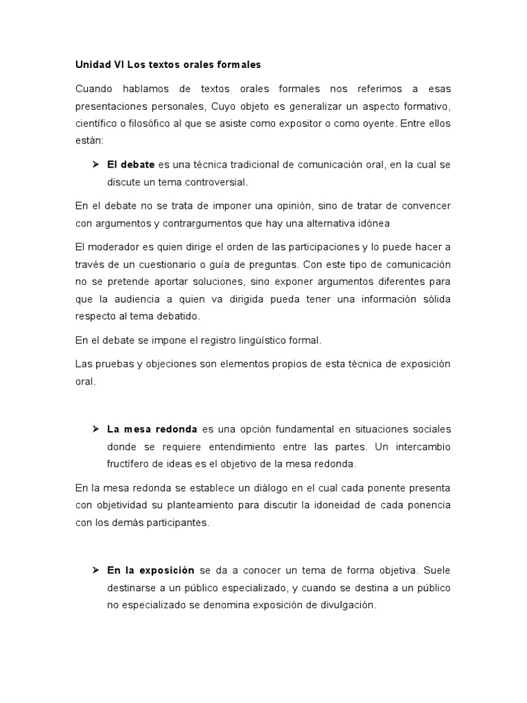 Unidad VI Los Textos Orales Formales | PDF