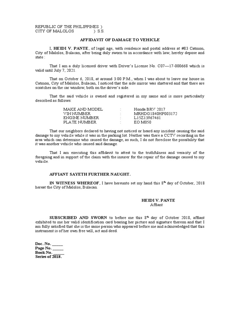 Affidavit For Insurance Claim | PDF