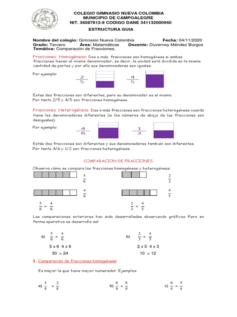 Hoja De Trabajo Para Comparar Fracciones Con Denominadores Iguales