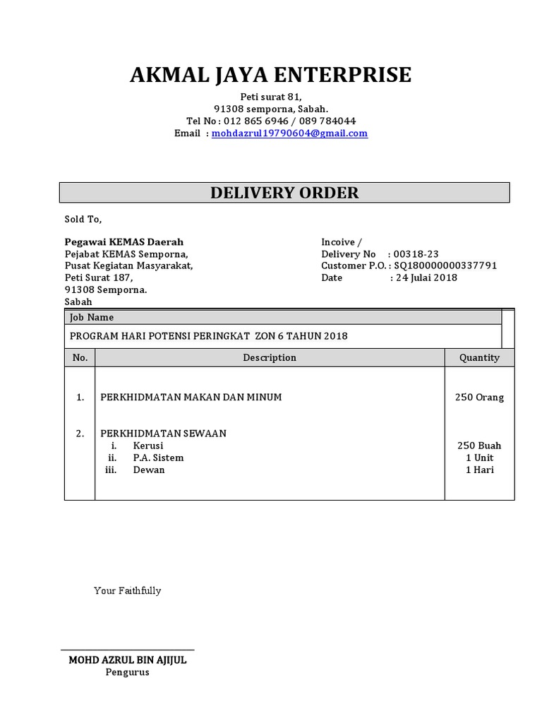 Akmal Jaya Enterprise: Delivery Order | PDF