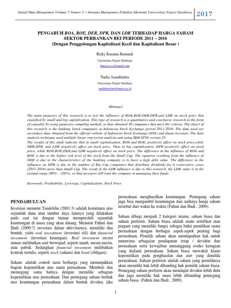 PENGARUH ROA, ROE, DER, DPR, DAN LDR TERHADAP HARGA SAHAM SEKTOR ...