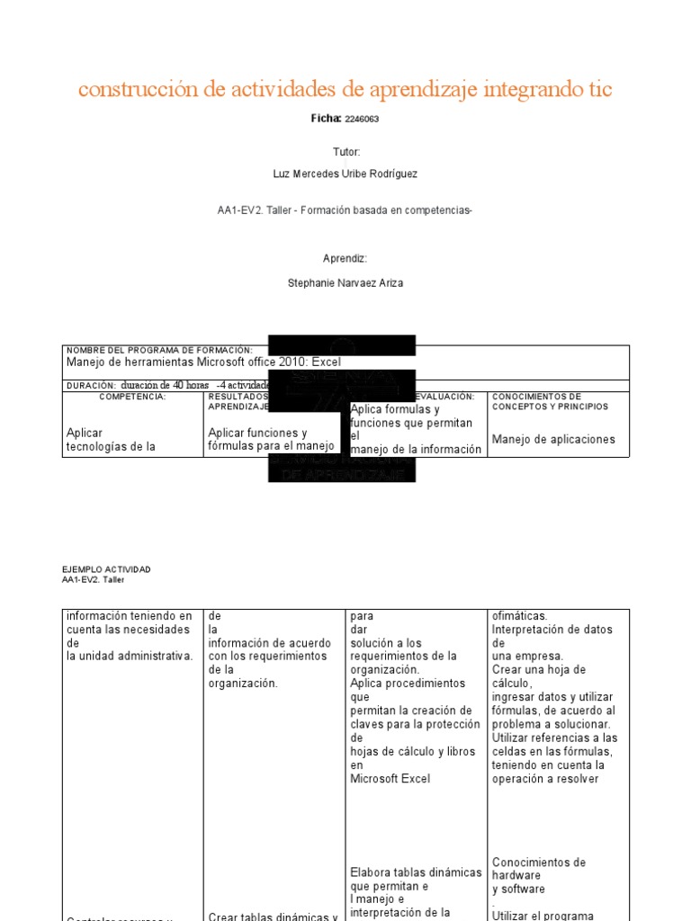Formato ACTIVIDAD AA1-EV2. Taller 1 | PDF | Microsoft Excel | Software