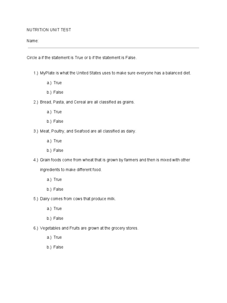 Nutrition Unit Test | PDF | Heart | Healthy Diet