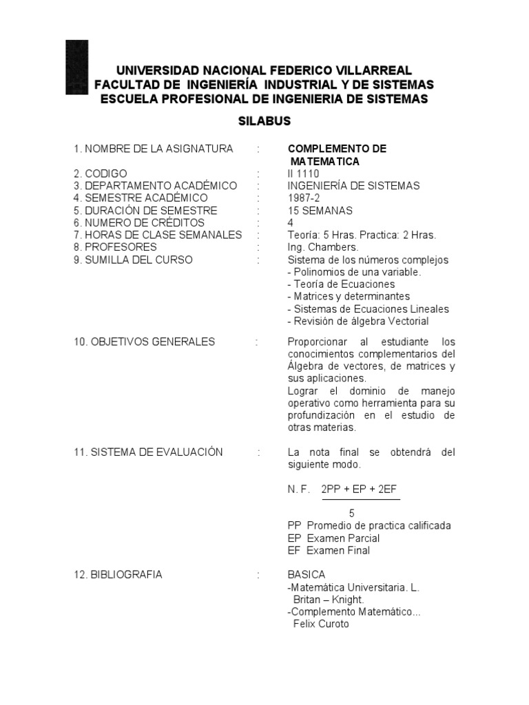 Silabus: Complemento de Matemática | PDF | Número complejo | Matriz (Matemáticas)