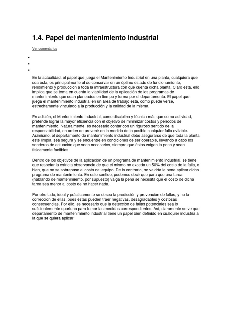 1.4. Papel Del Mantenimiento Industrial: Ver Comentarios | PDF | Industrias | Presupuesto