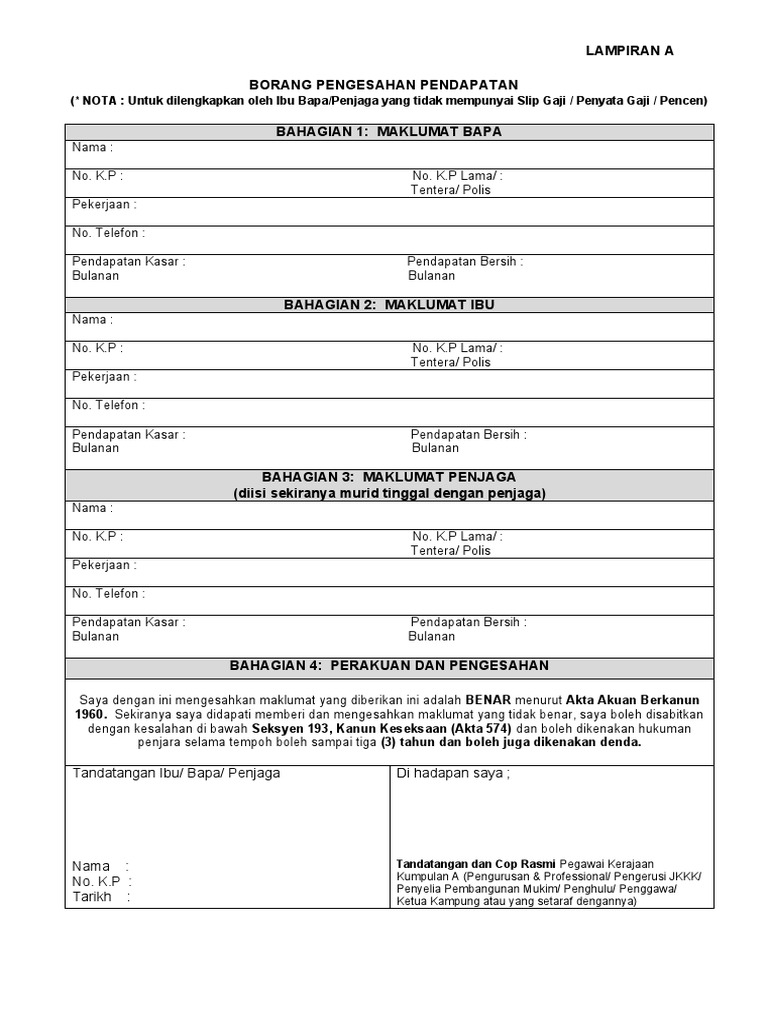 Lampiran A - BORANG PENGESAHAN PENDAPATAN | PDF