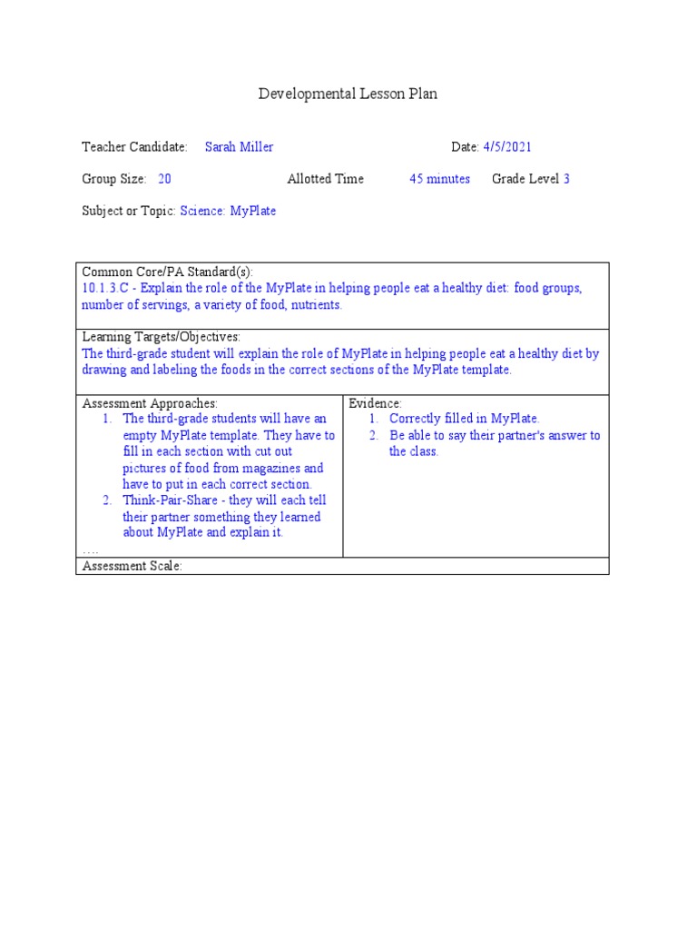 Developmental Lesson Plan: Teacher Candidate: Date: Group Size ...