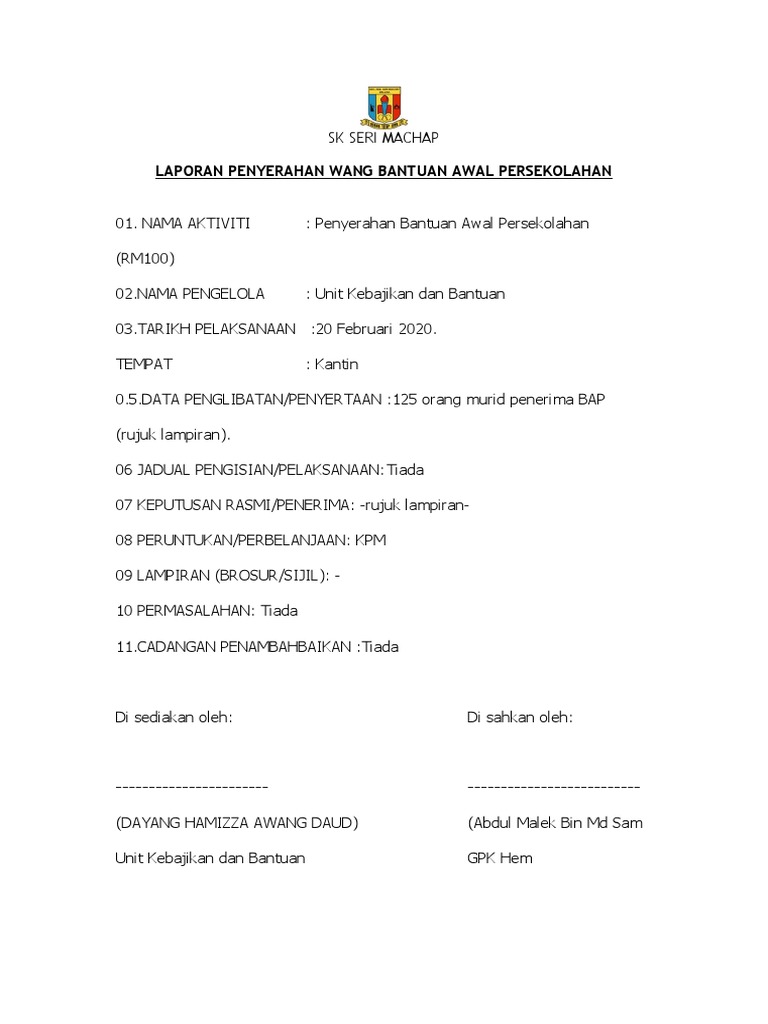 Contoh Laporan Penyerahan Bap 2020 | PDF
