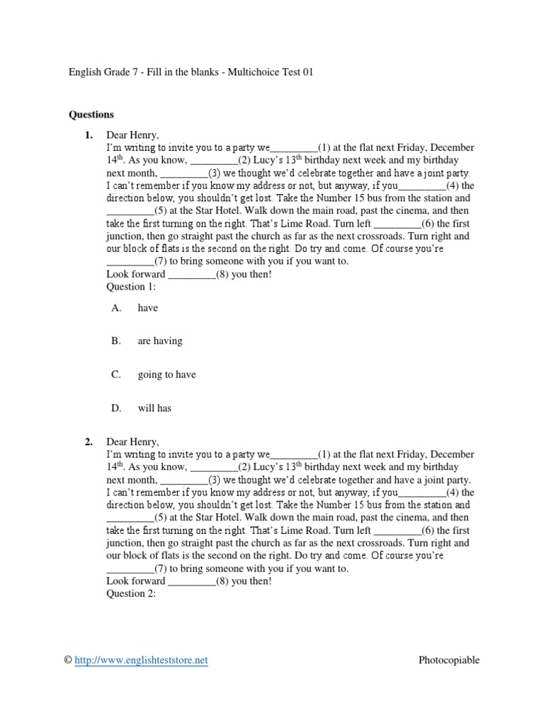 English Grade 7 - Fill in The Blanks - Multichoice Test 01 | PDF