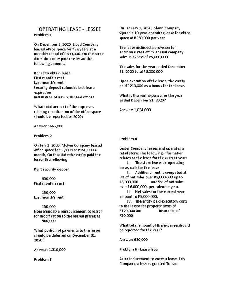 Operating Lease - Lessee: Problem 1 | PDF | Lease | Renting
