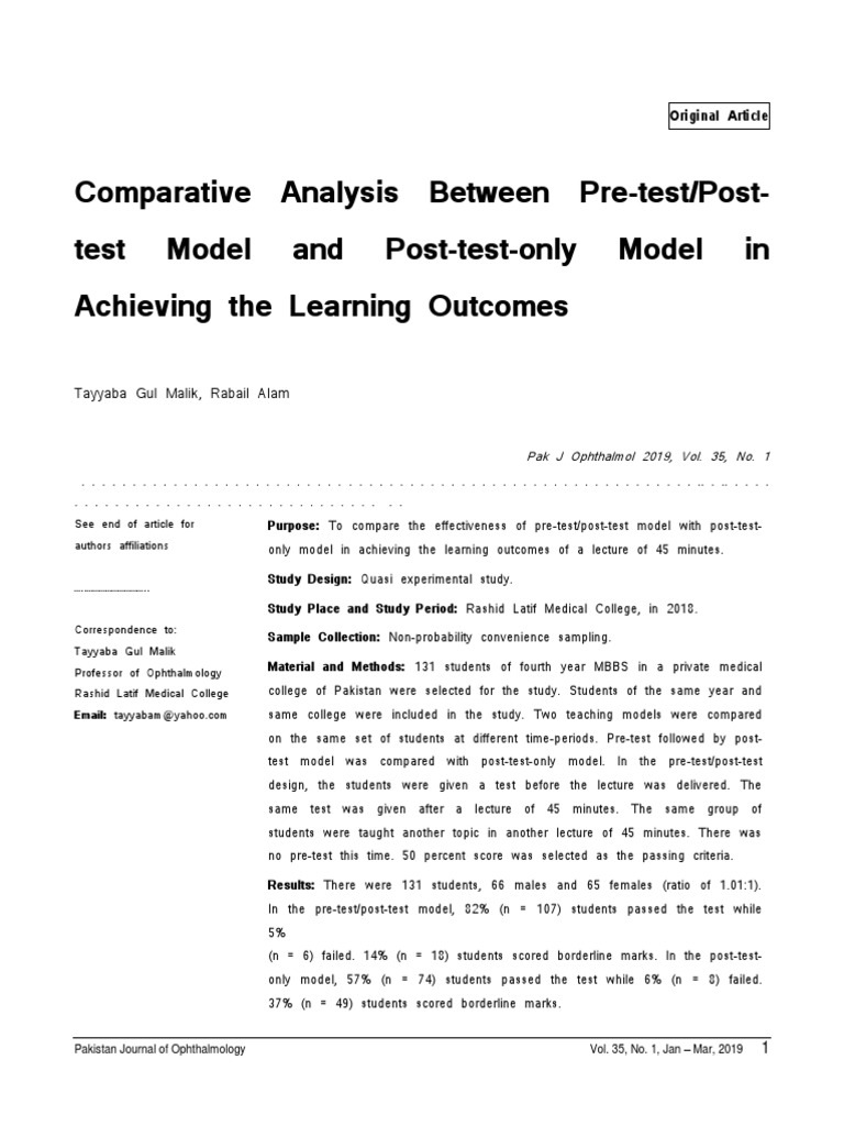 Comparative Analysis Between Pre-test/Post Test Model and Post-Test ...