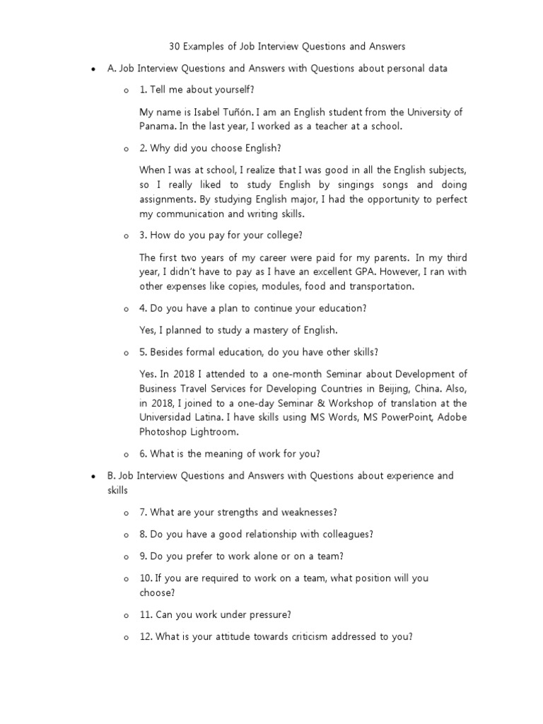 30 Examples of Job Interview Questions and Answers | PDF | Job ...