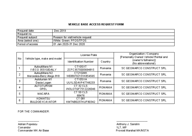 Vehicle Access Request Form 2020 | PDF