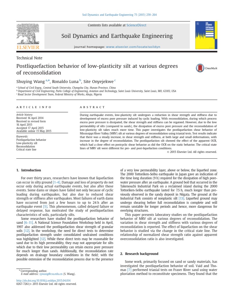 Postliquefaction Behavior of Low-Plasticity Silt at Various Degrees of ...