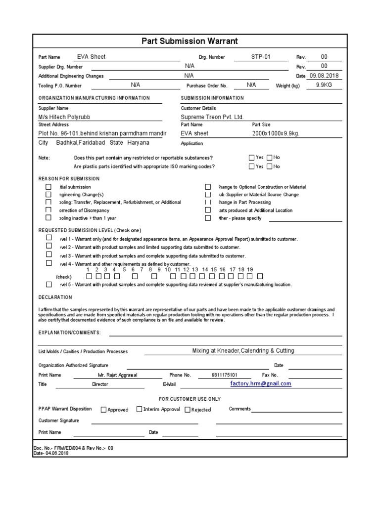4.SUPREME TREON APQP/1.APQP 2000x1000x9.9kg/PPAP/PSW | PDF ...