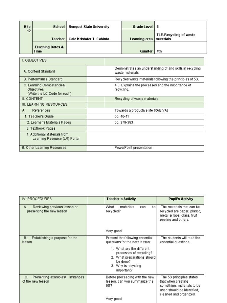 EPP-Lesson Plan Recycling | PDF | Recycling | Teachers