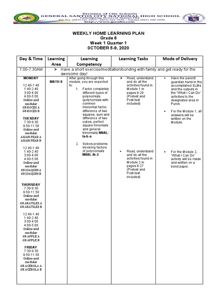 Day & Time Learning Area Learning Competency Learning Tasks Mode of Delivery | PDF | Applied ...