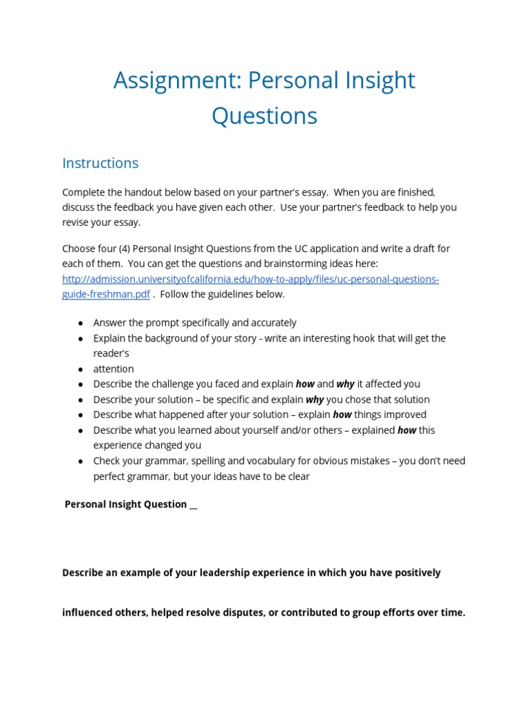 Assignment: Personal Insight Questions: Instructions | PDF | Filmmaking ...