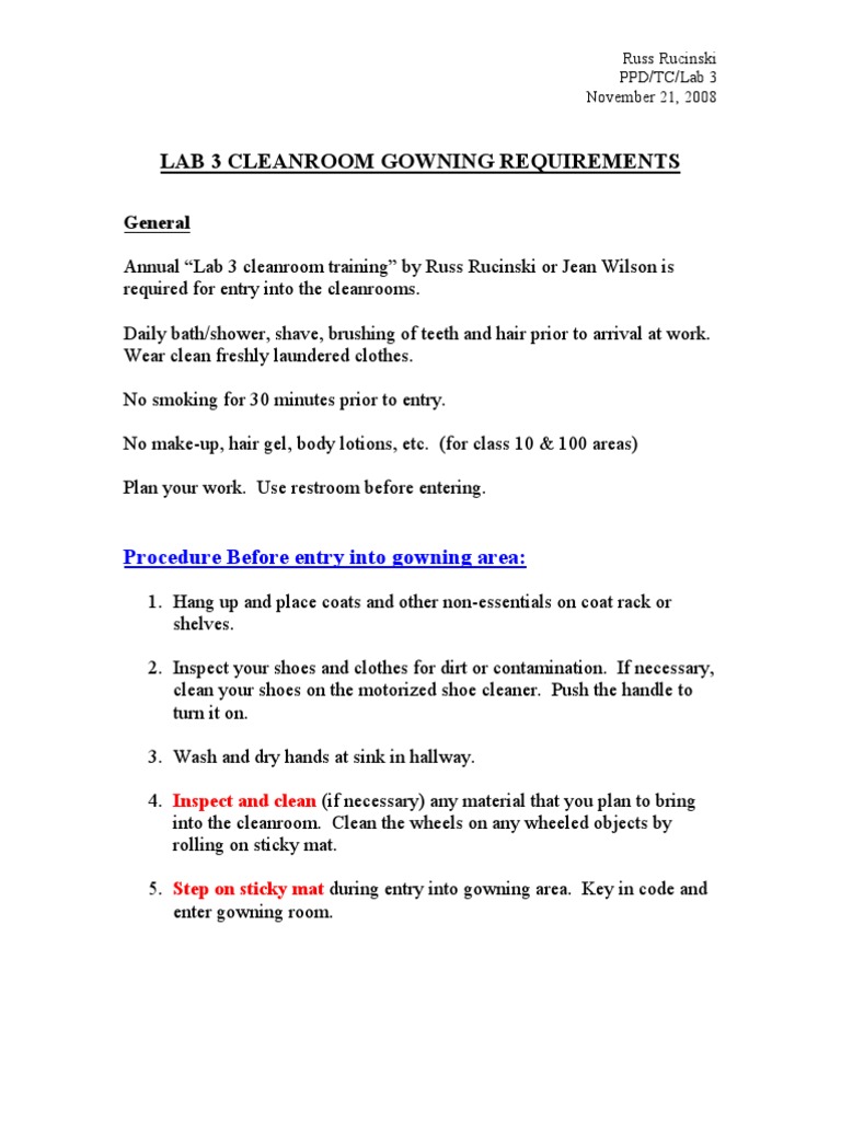 Lab 3 Cleanroom Gowning Requirements: Procedure Before Entry Into ...