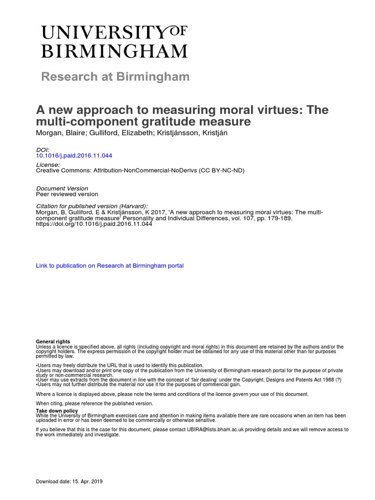A New Approach To Measuring Moral Virtue Revised PDF | PDF | Gratitude ...