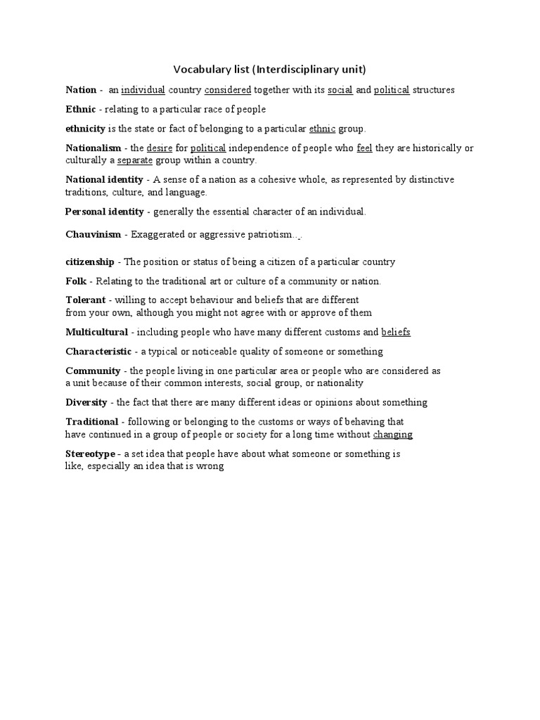 Vocabulary List National Identity | PDF | Social Science | Religion ...