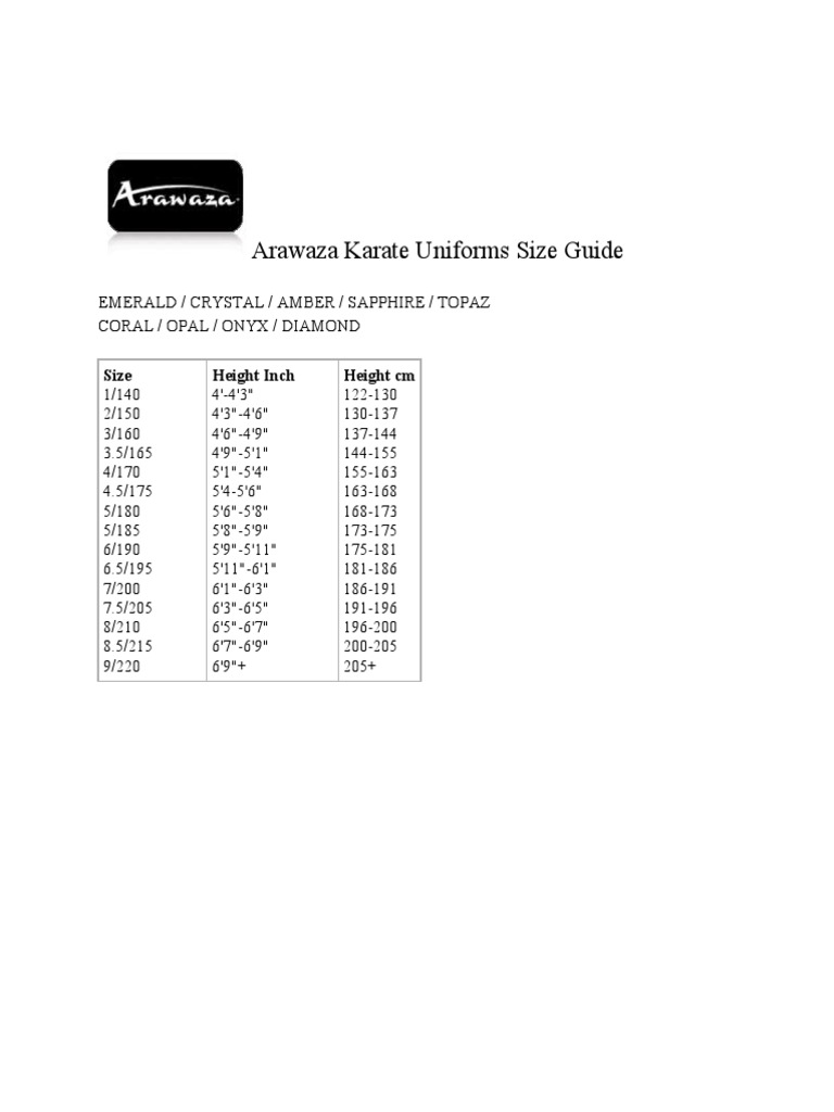 Guide des Tailles des Uniformes Arawaza | PDF
