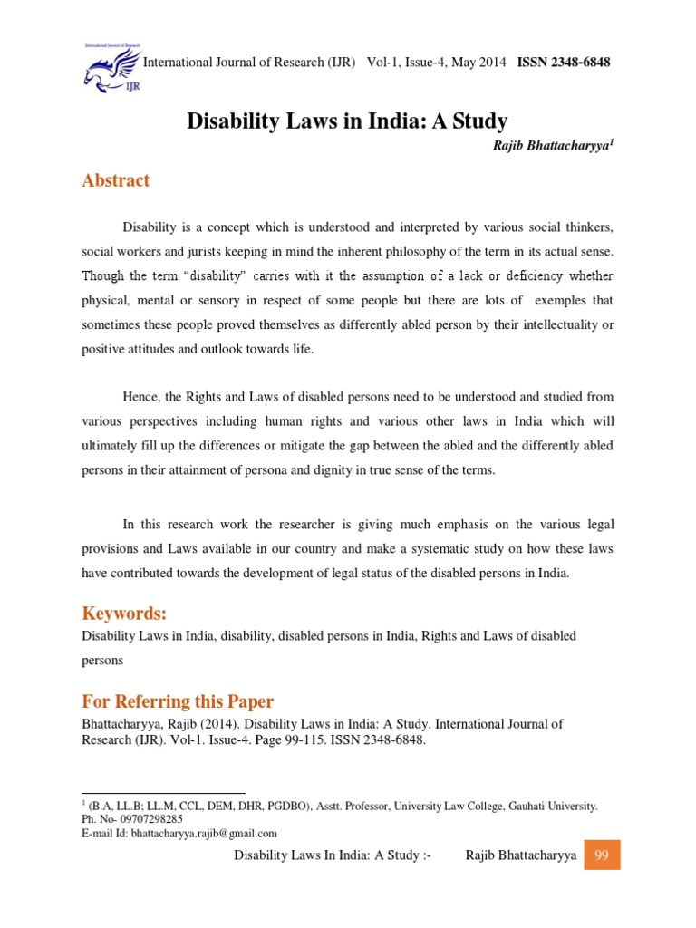 Disability Laws in India A Study Rajib Bhattacharyya PDF | PDF ...