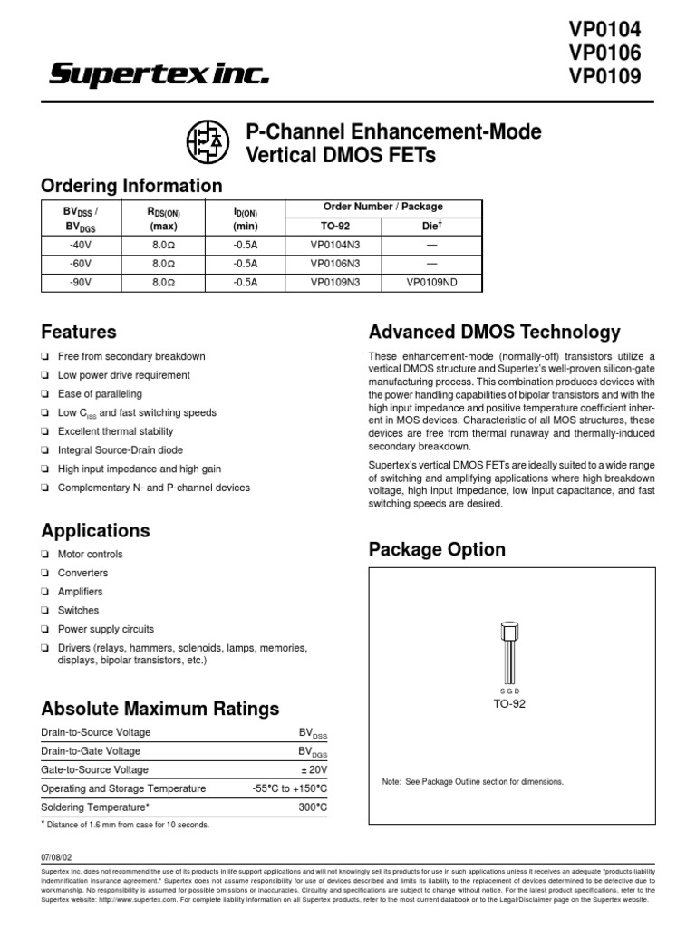 Vp0104 Vp0106 Vp0109 P-Channel Enhancement-Mode Vertical Dmos Fets ...
