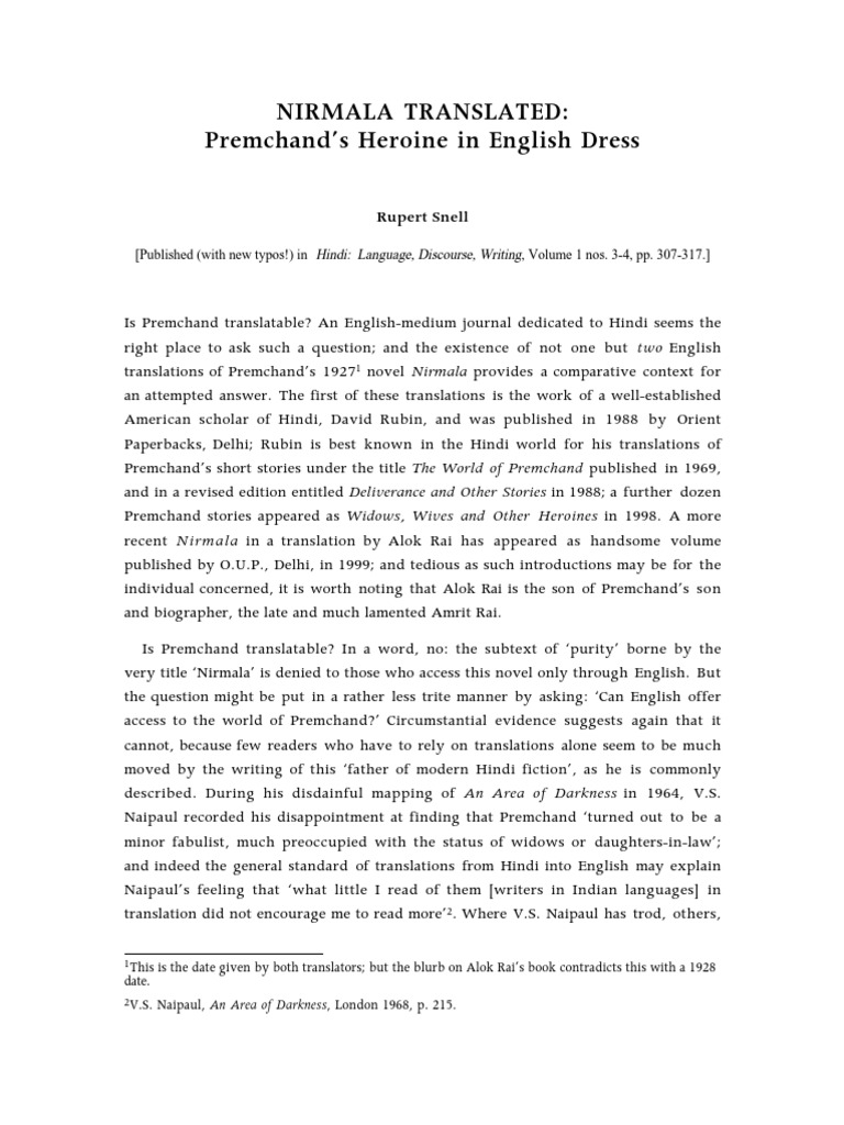 Nirmala Translated: Premchand's Heroine in English Dress: Rupert Snell ...