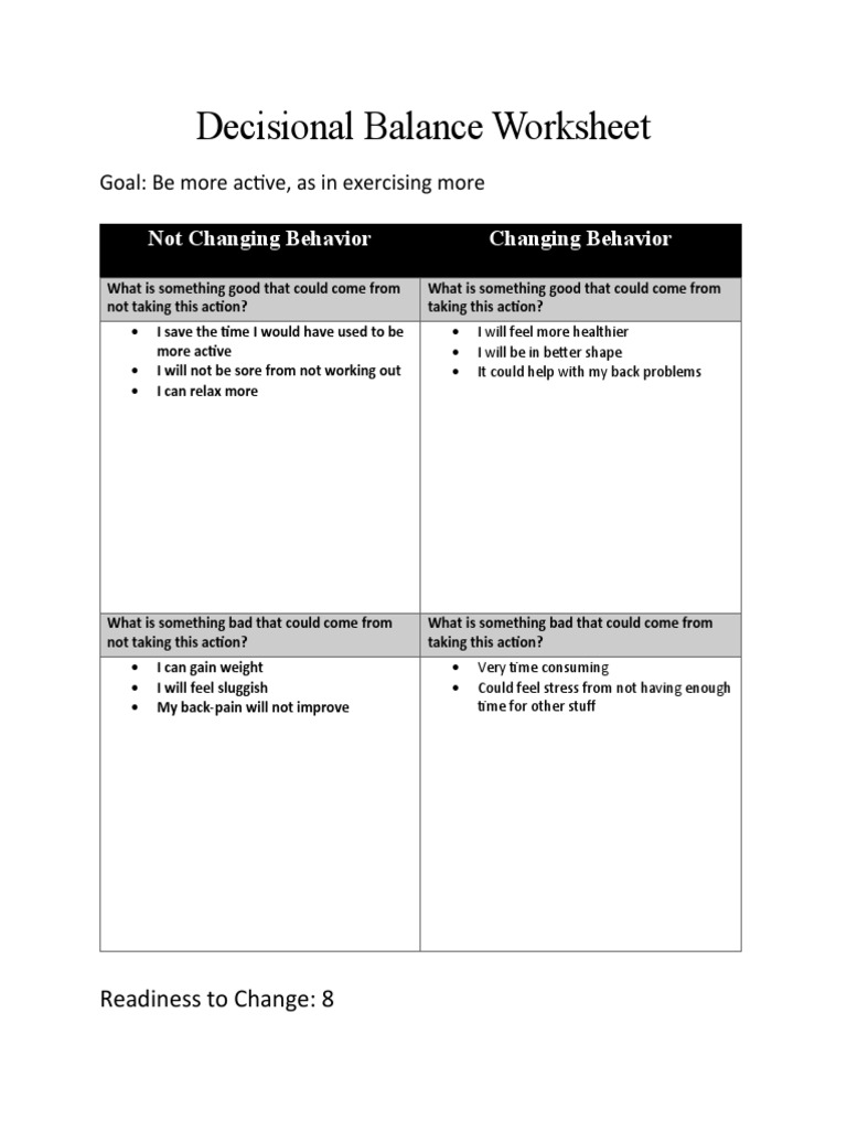 Decisional Balance Worksheet 1 | PDF
